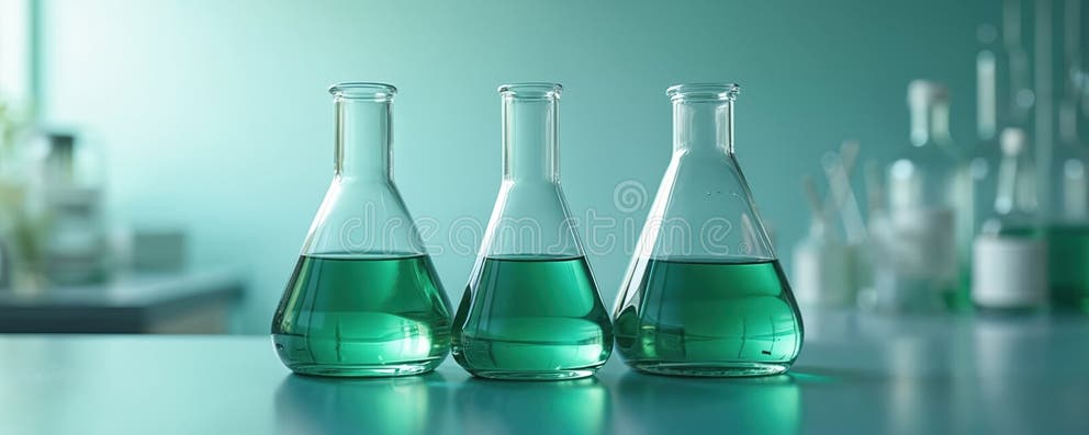 Laboratory Glassware with Green Liquid Arranged on Reflective Surface ...