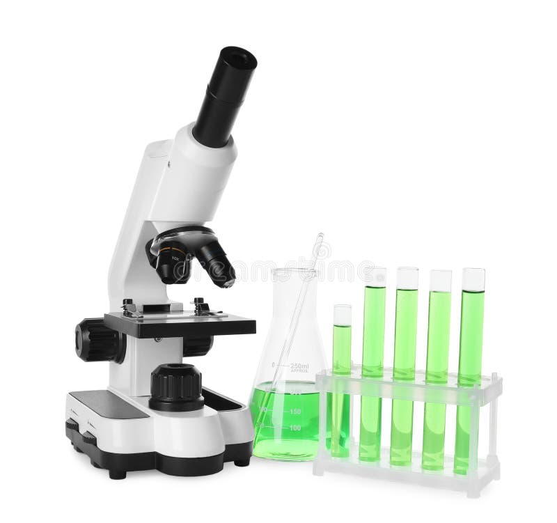 Laboratory Glassware with Green Liquid and Microscope Isolated on White ...