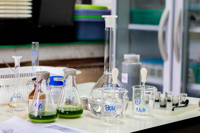 Laboratory Glassware with Green Liquid in a Science Research Laboratory ...