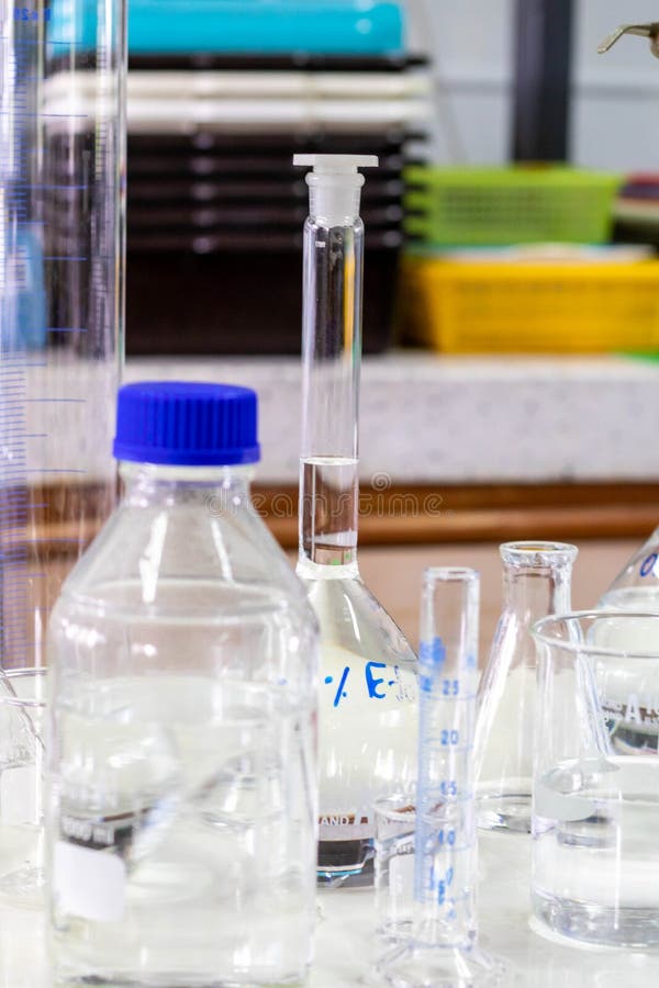 Laboratory Glassware with Green Liquid in a Science Research Laboratory ...