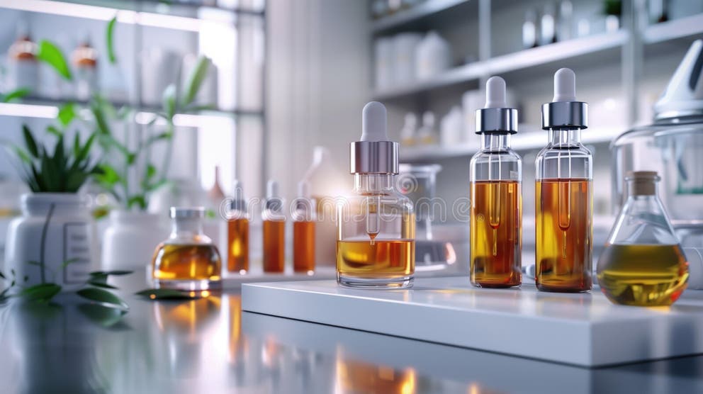 Laboratory Glassware with Herbal Extracts and Essential Oils in a ...