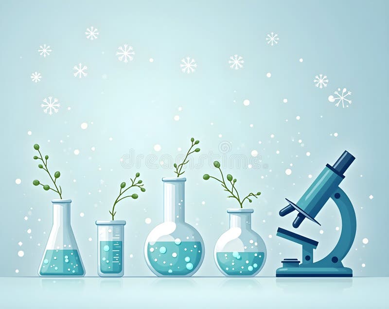 Christmas Science Laboratory with Glassware, Snowflakes, and Microscope ...
