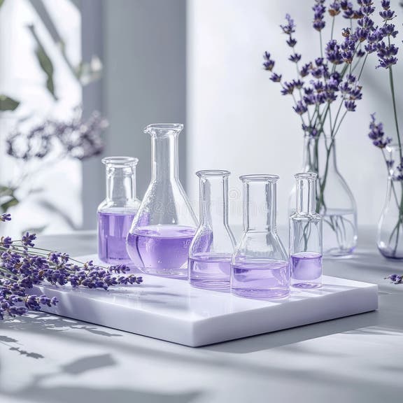 Laboratory Glassware with Lavender Flowers on the Table. 3d Render ...