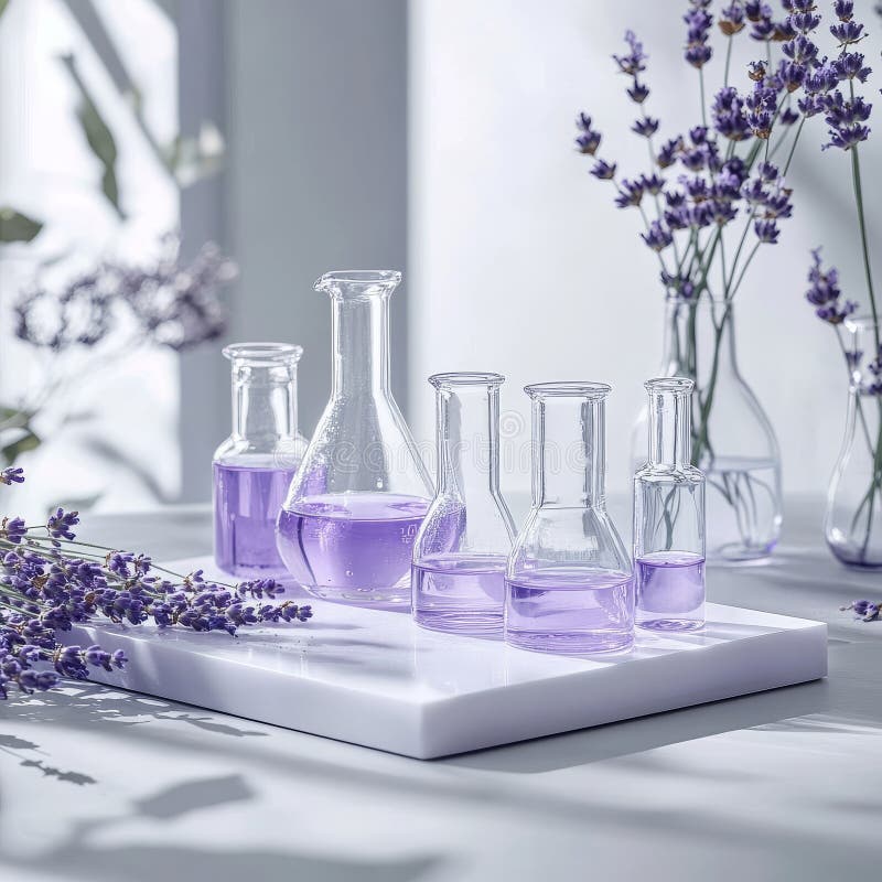 Laboratory Glassware with Lavender Flowers on White Table. 3d Render ...