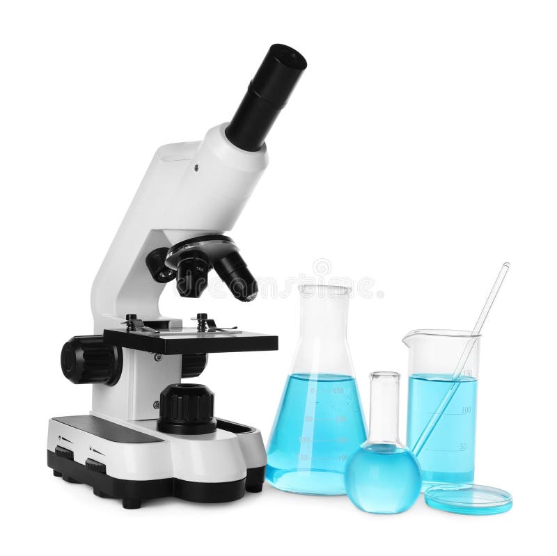 Laboratory Glassware with Light Blue Liquid and Microscope Isolated on ...