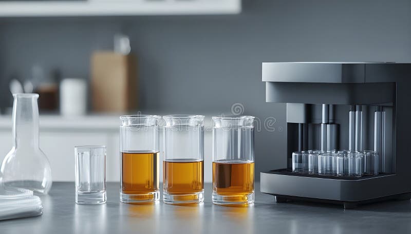 Laboratory Glassware with Liquid Samples for Analysis on Table Against ...