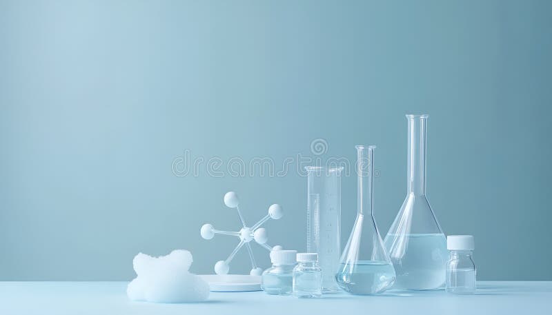 Laboratory Glassware and Molecule Model on Blue Background, Banner ...