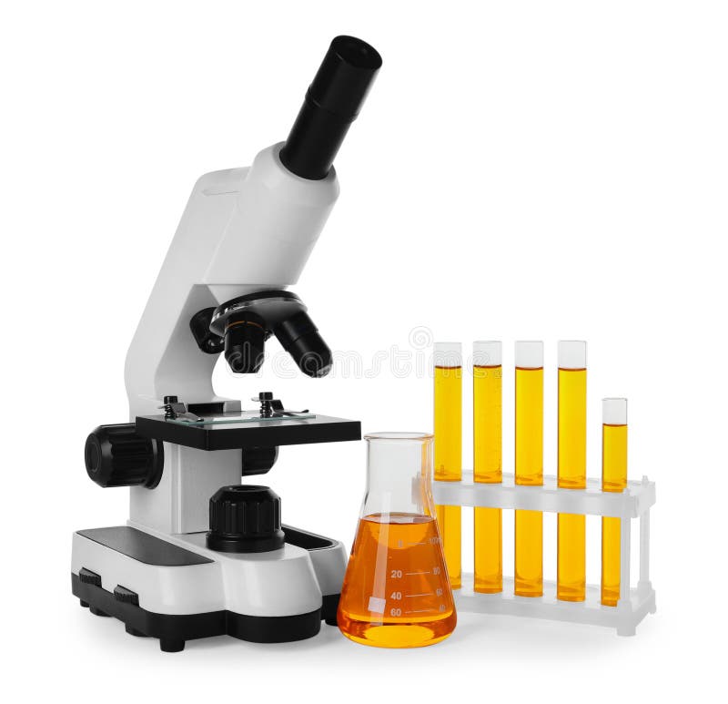 Laboratory Glassware with Orange Liquid and Microscope Isolated on ...
