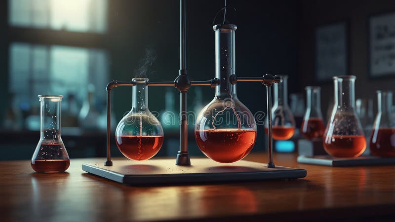 Laboratory Glassware with Red Liquid and Flasks on Wooden Table in ...