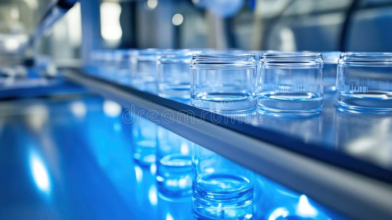 Laboratory Glassware Reflecting Blue Light in Modern Lab Stock Image ...