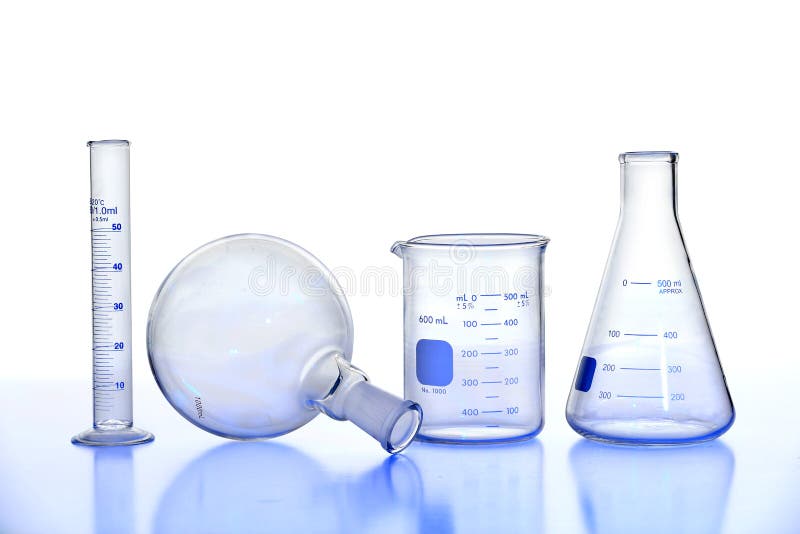Laboratory Glassware On Reflective Table Stock Photo - Image of ...