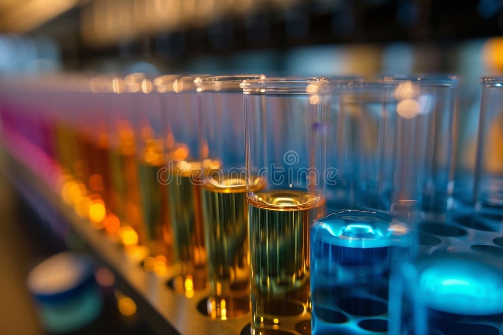 Laboratory Glassware with Samples on Blurred Background. Science Lab ...