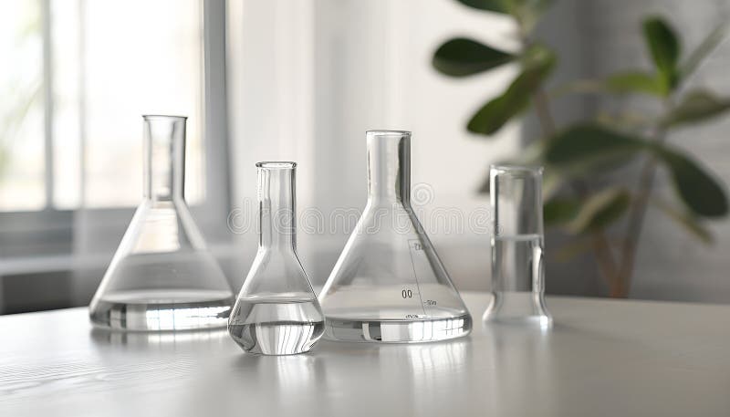Laboratory Glassware with Samples on Table Indoors. Solution Chemistry ...