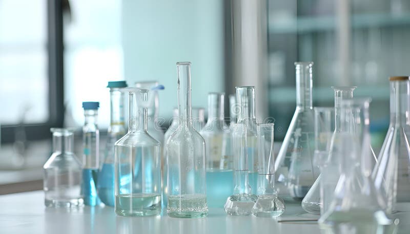 Laboratory Glassware with Samples on Table Indoors. Solution Chemistry ...