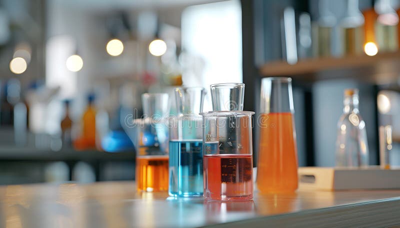 Laboratory Glassware with Samples on Table Indoors. Solution Chemistry ...