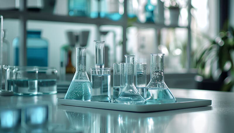 Laboratory Glassware with Samples on Table Indoors. Solution Chemistry ...