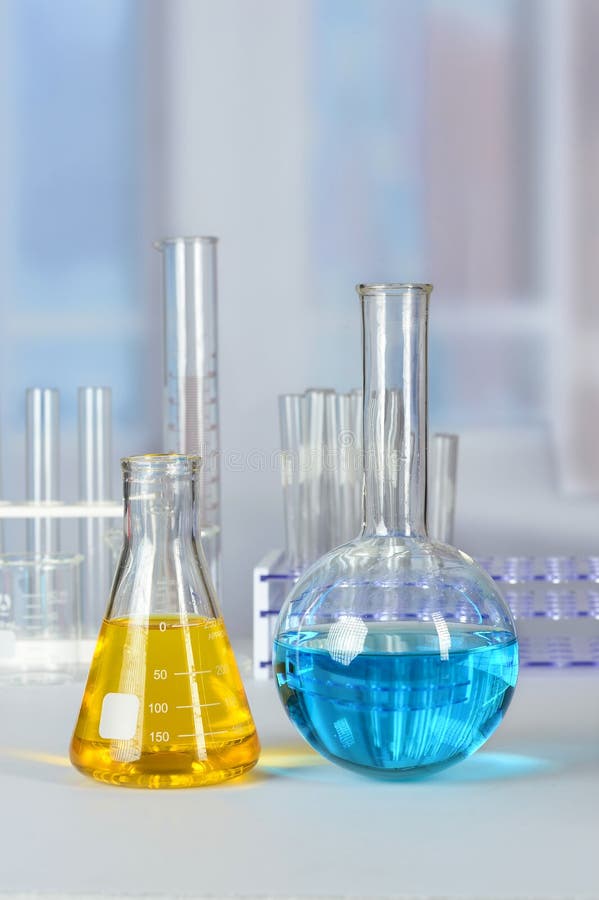 Laboratory Glassware on Table Stock Image - Image of science, analysis ...