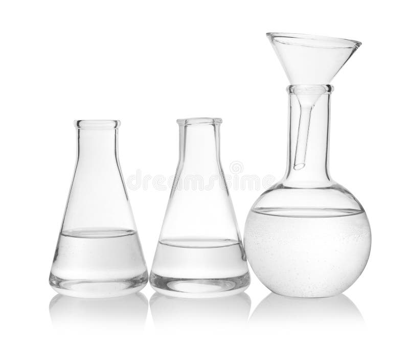 Laboratory Glassware with Transparent Liquid on White Background Stock ...