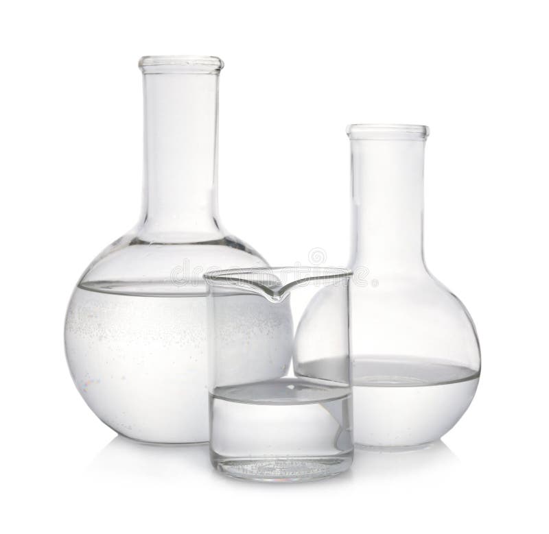 Laboratory Glassware with Transparent Liquid on White Background Stock ...