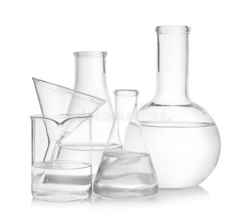Laboratory Glassware with Transparent Liquid on White Background Stock ...