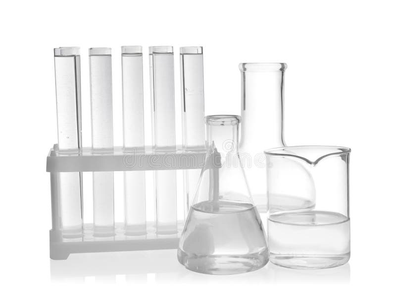 Laboratory Glassware with Transparent Liquid on White Background Stock ...