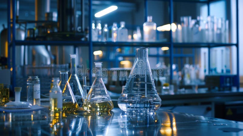 Laboratory Glassware with Various Chemical Solutions in a Modern Lab ...