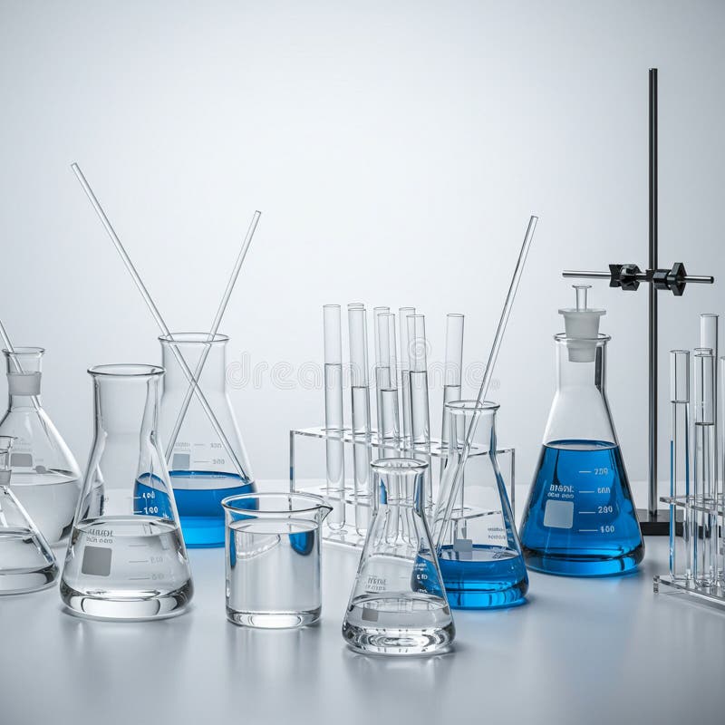 Laboratory Glassware on a White Surface Includes Beakers, Erlenmeyer ...