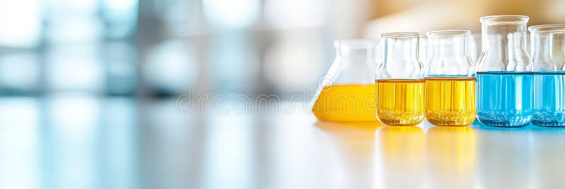 Laboratory Glassware with Yellow and Blue Liquids in a Bright Lab ...