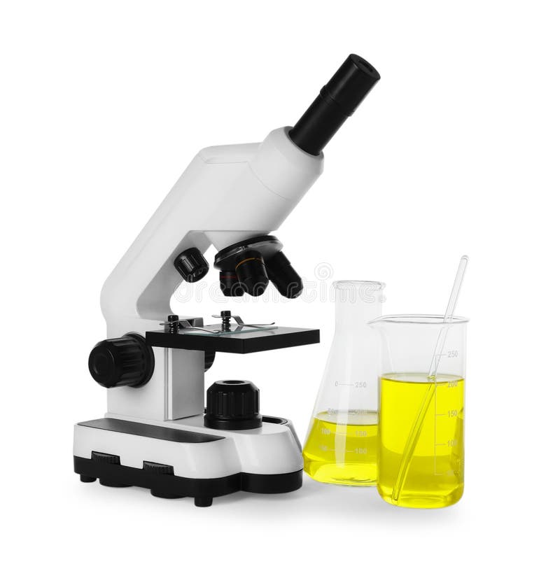 Laboratory Glassware with Yellow Liquid and Microscope Isolated on ...