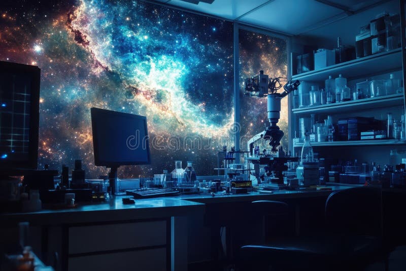 Laboratory with High-tech Equipment and a Stunning Cosmic Backdrop at ...