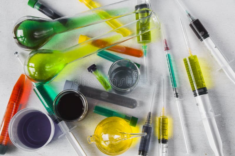 Laboratory Instruments, Glassware and Reagents, Colorful Liquid ...