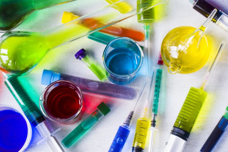 Laboratory Instruments, Glassware and Reagents, Colorful Liquid ...