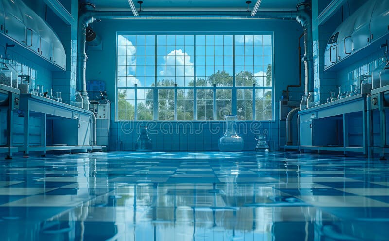 Laboratory Interior with Big Window and Blue Floor Stock Image - Image ...