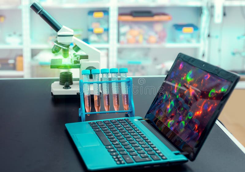Laboratory Interior with Microscope and Digital Image on Portable ...