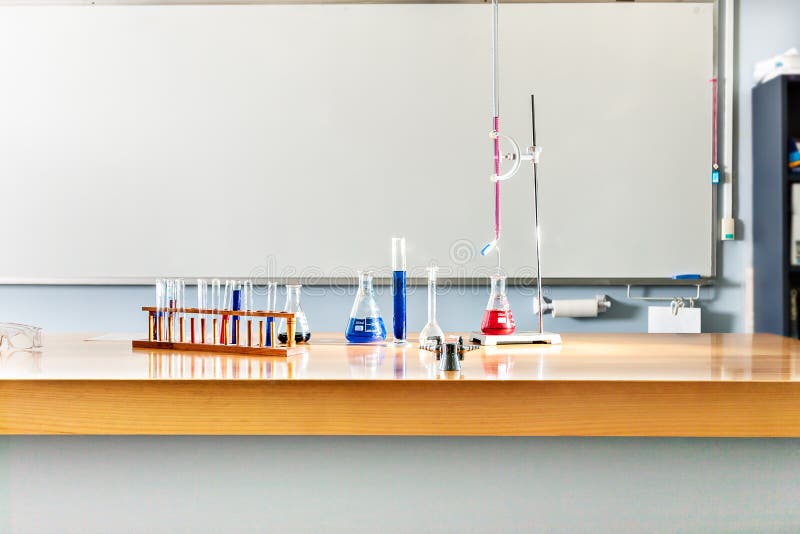Laboratory Items on the Table with a White Board Stock Image - Image of ...