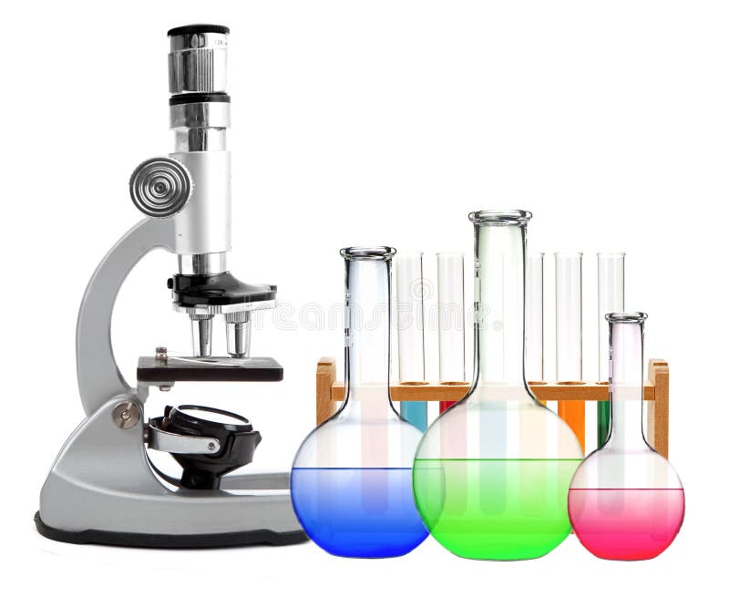 Laboratory Metal Microscope and Test Tubes with Liquid Isolated Stock ...
