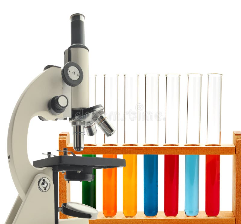 Laboratory Metal Microscope and Test Tubes with Liquid Isolated Stock ...