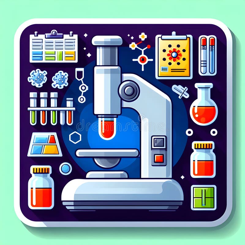 Laboratory Microscope Analyzing Sample with Test Tubes, Flasks and ...