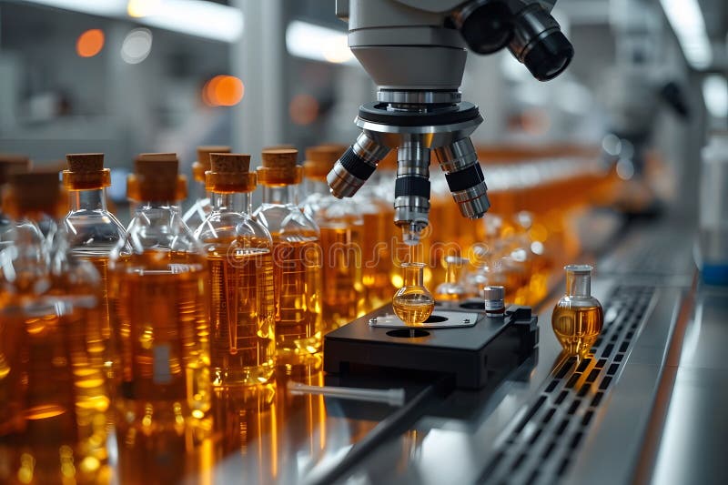 Laboratory Microscope Analyzing Samples with Amber Liquid in Bottles ...