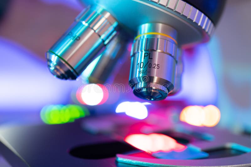 Laboratory Microscope in Bokeh Light Stock Image - Image of analysis ...
