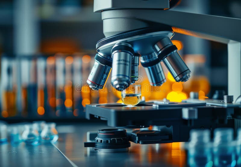 Laboratory with Microscope and Bottles of Liquid Stock Photo - Image of ...