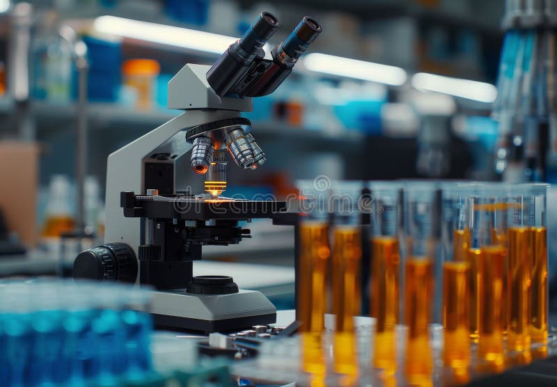 Laboratory with Microscope and Bottles of Liquid Stock Photo - Image of ...