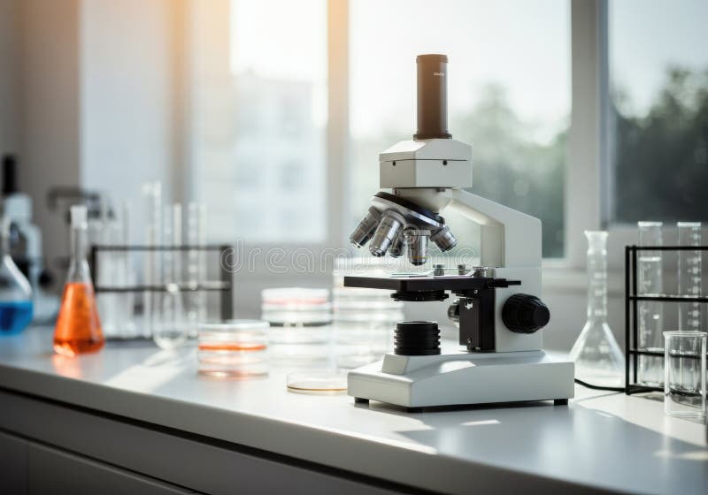 Laboratory Microscope on a Clean Workspace with Glassware and Sunlight ...