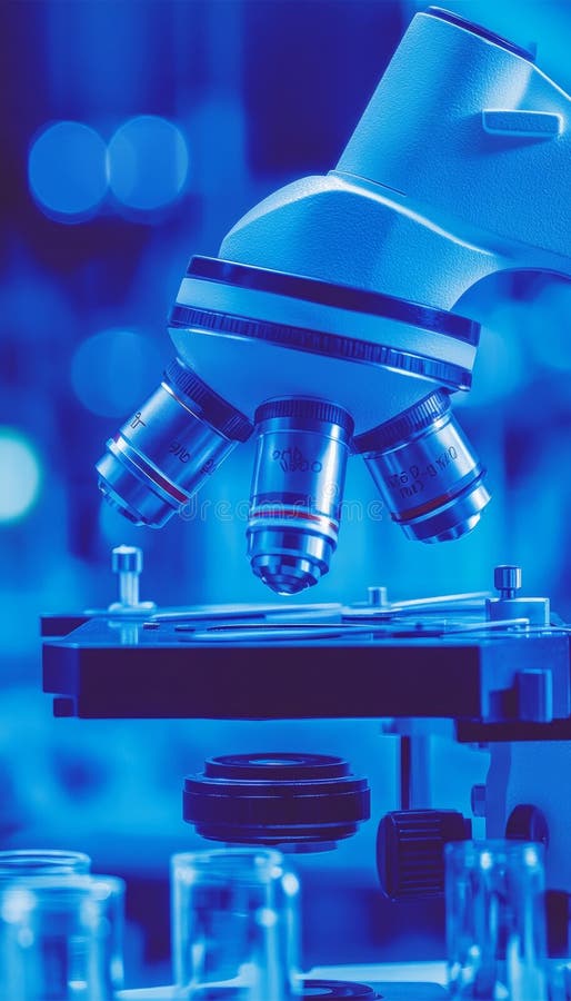 Laboratory Microscope Close-Up View with Dramatic Lighting, Blue Tones ...