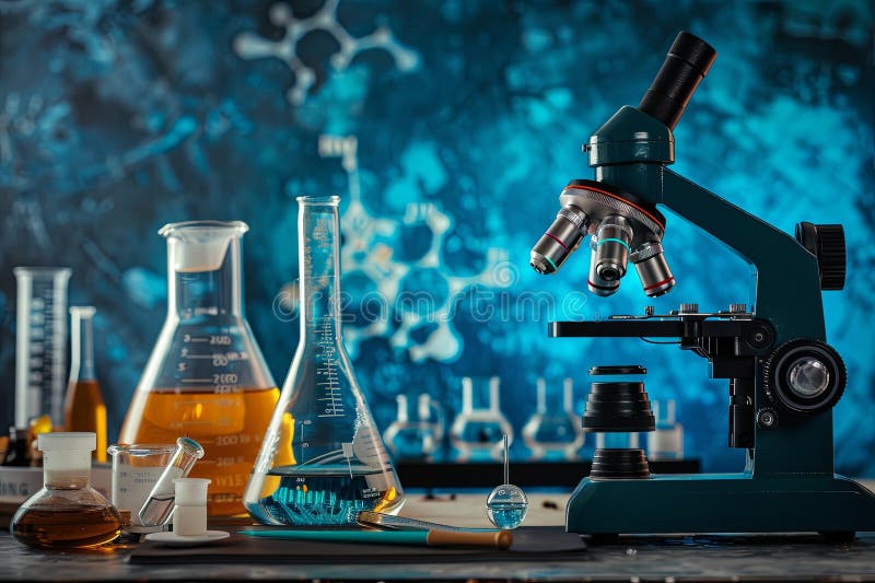 A Laboratory Microscope and a Collection of Glass Beakers Sit on a Dark ...