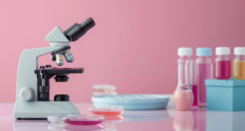 Laboratory Microscope with Colorful Glassware on Pink Background Stock ...