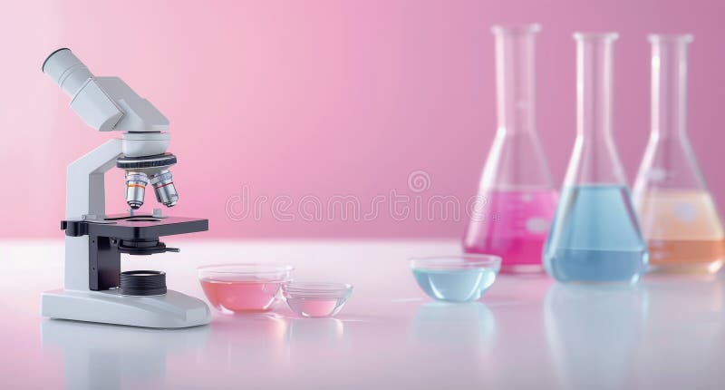 Laboratory Microscope with Colorful Glassware on Pink Background Stock ...