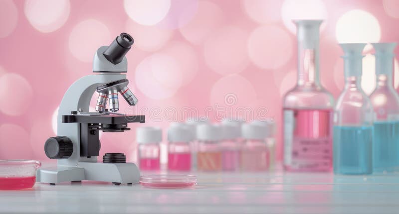 Laboratory Microscope with Colorful Glassware on Pink Background Stock ...