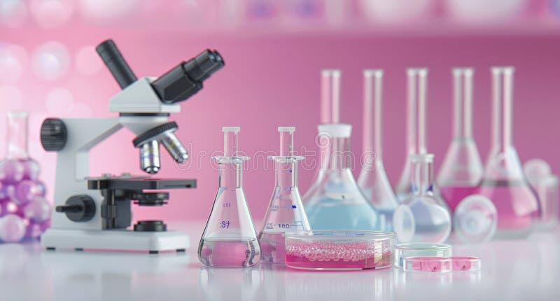 Laboratory Microscope with Colorful Glassware on Pink Background Stock ...