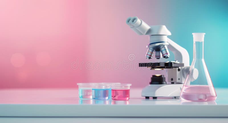Laboratory Microscope with Colorful Solutions on a White Table Stock ...